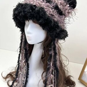 Goth-pastel Cat Ear Beanie | Fuzzy Black & Pink Knit Hat - Etsy