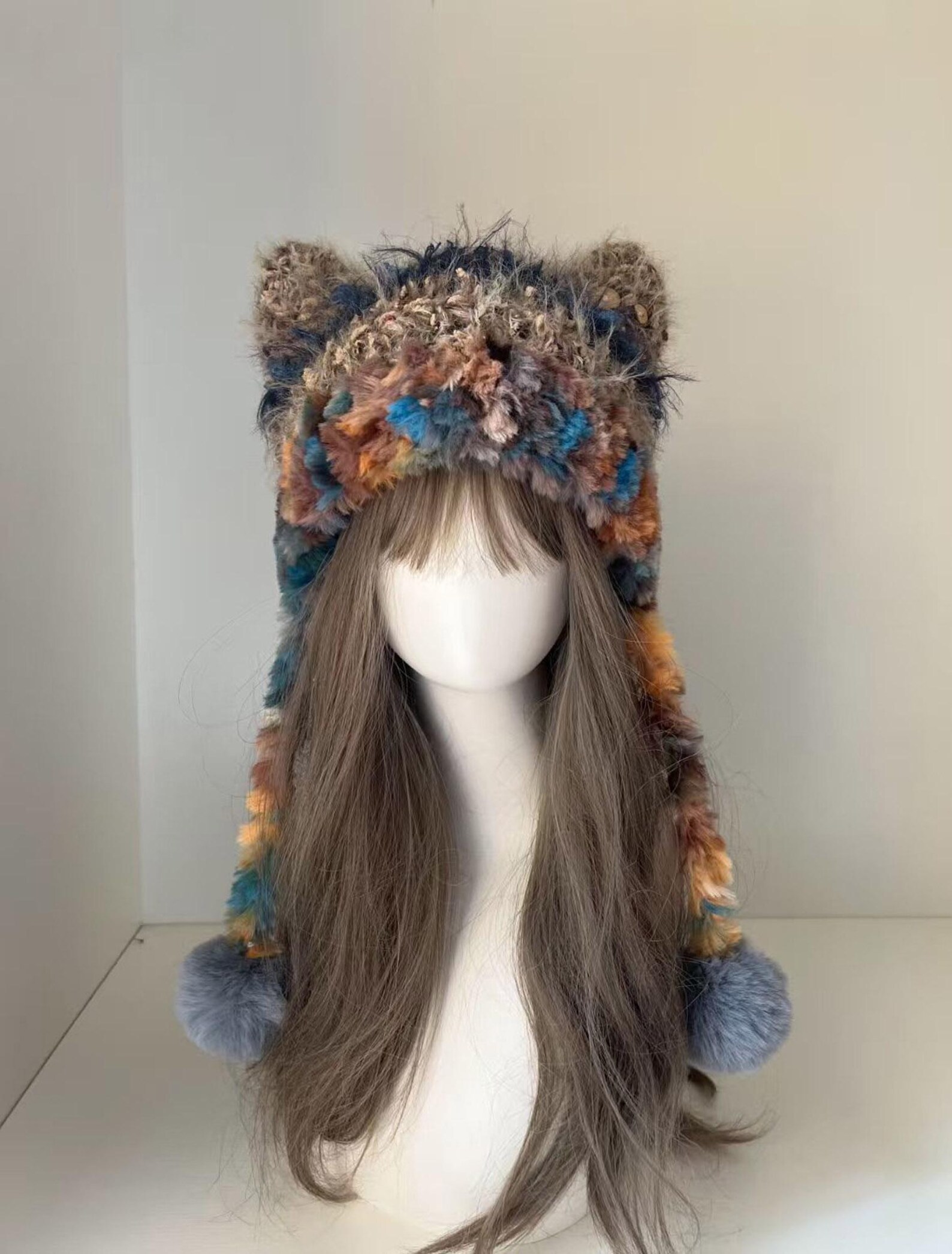 Handmade Furry Cat Ear Hat | Multicolor Plush Winter Hood | Soft Fluffy ...