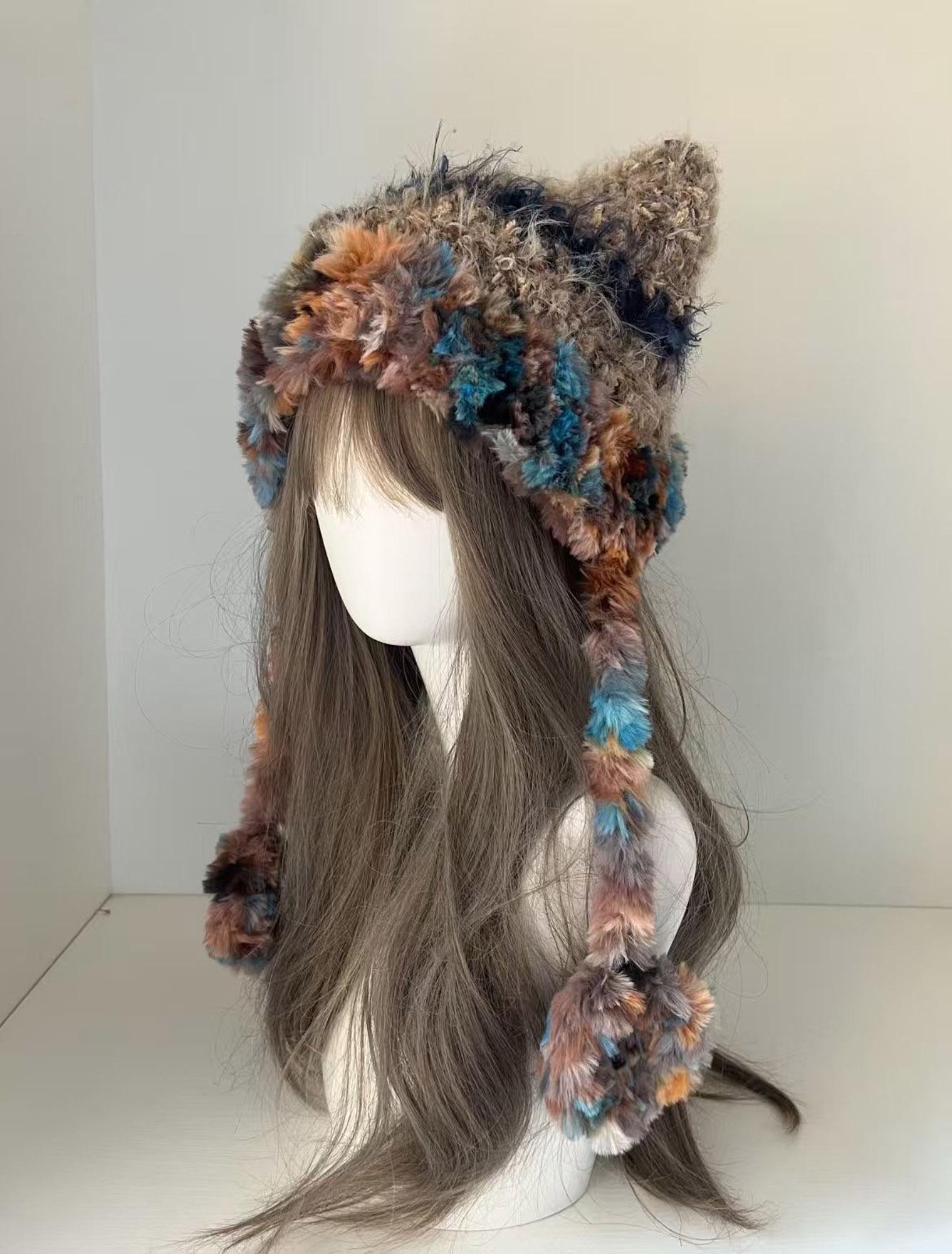 Handmade Furry Cat Ear Hat | Multicolor Plush Winter Hood | Soft Fluffy ...