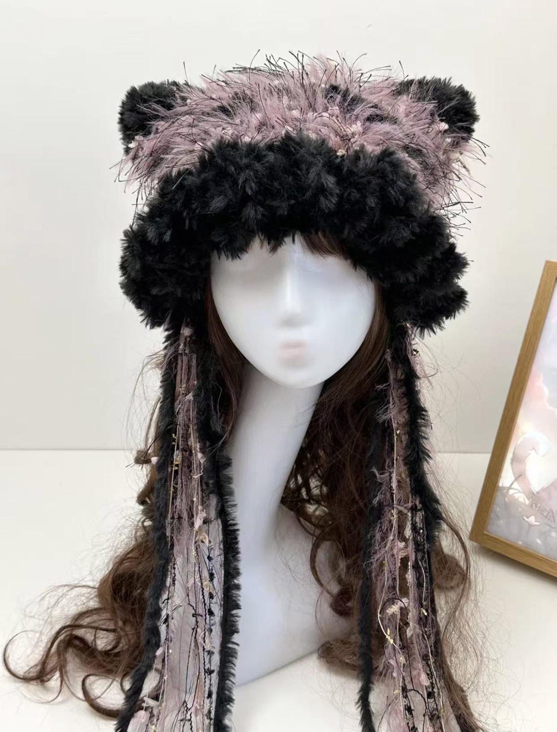 Goth-pastel Cat Ear Beanie | Fuzzy Black & Pink Knit Hat - Etsy