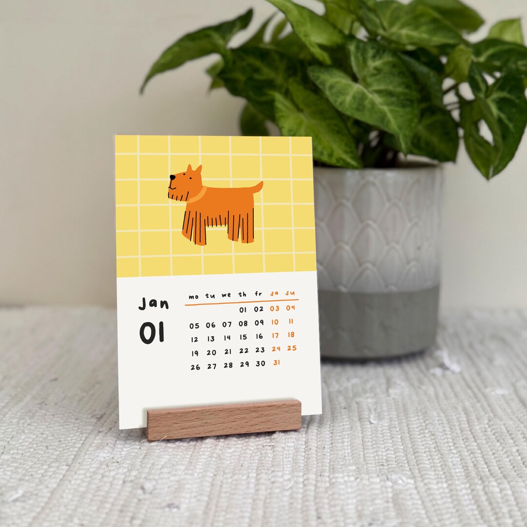 2026 Illustrated Dog Desktop Calendar With Wooden Stand | A6 Compact ...