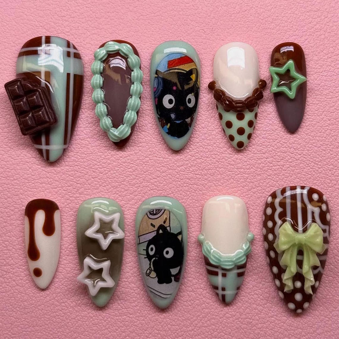 Handmade Mint Choco Cat Press on Nails | Brown Green Retro Design ...