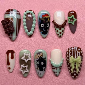 Handmade Mint Choco Cat Press on Nails | Brown Green Retro Design ...