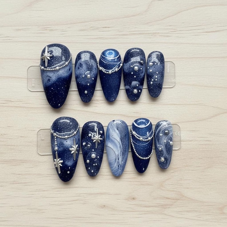 Galaxy Press on Nails | Celestial Star Nails | Midnight Blue Glitter ...