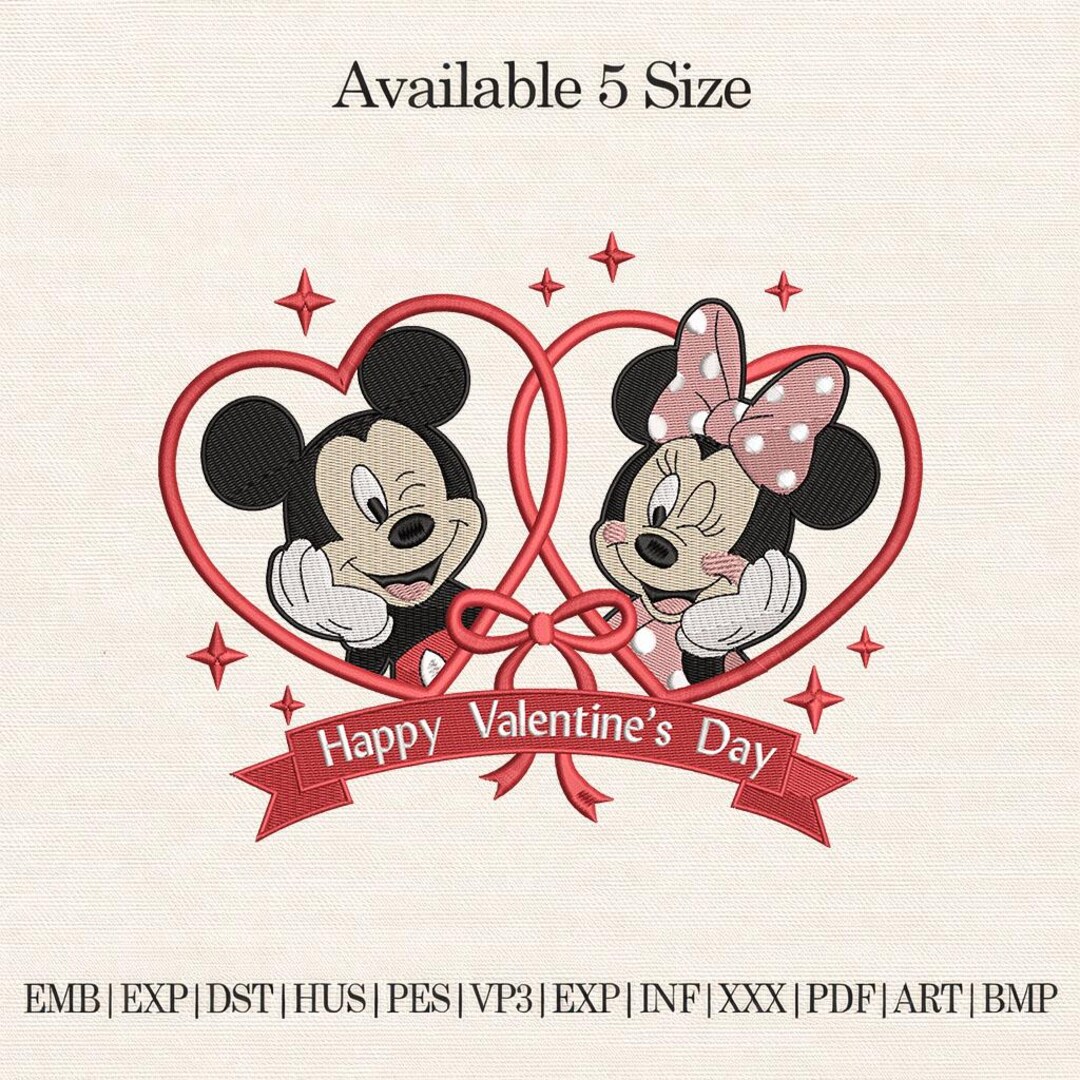Valentine Cartoon Mouse Couple Embroidery Design, Love Heart Mouse ...