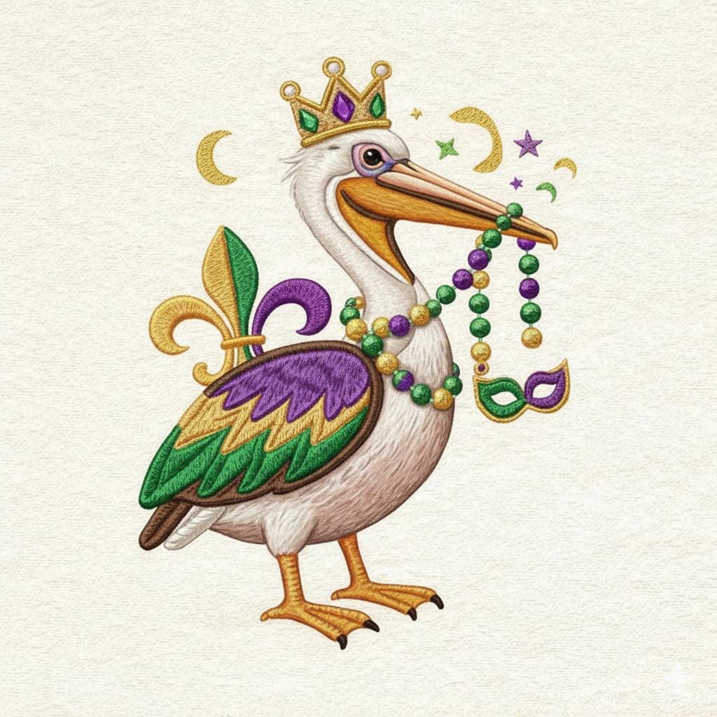 Mardi Gras Pelican Embroidery Design, Crowned Pelican With Beads ...