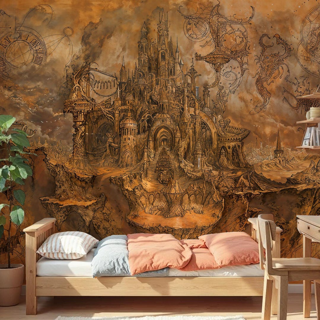 Steampunk Castle Mural, Copper Fantasy Wallpaper, Peel Stick Removable ...