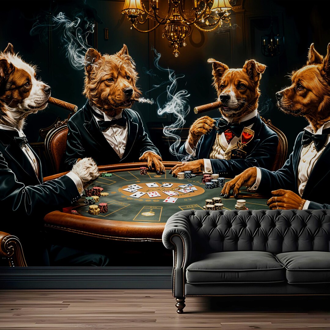 Casino Dogs Mural Poker Table Wallpaper Smoking Suits Peel Stick ...
