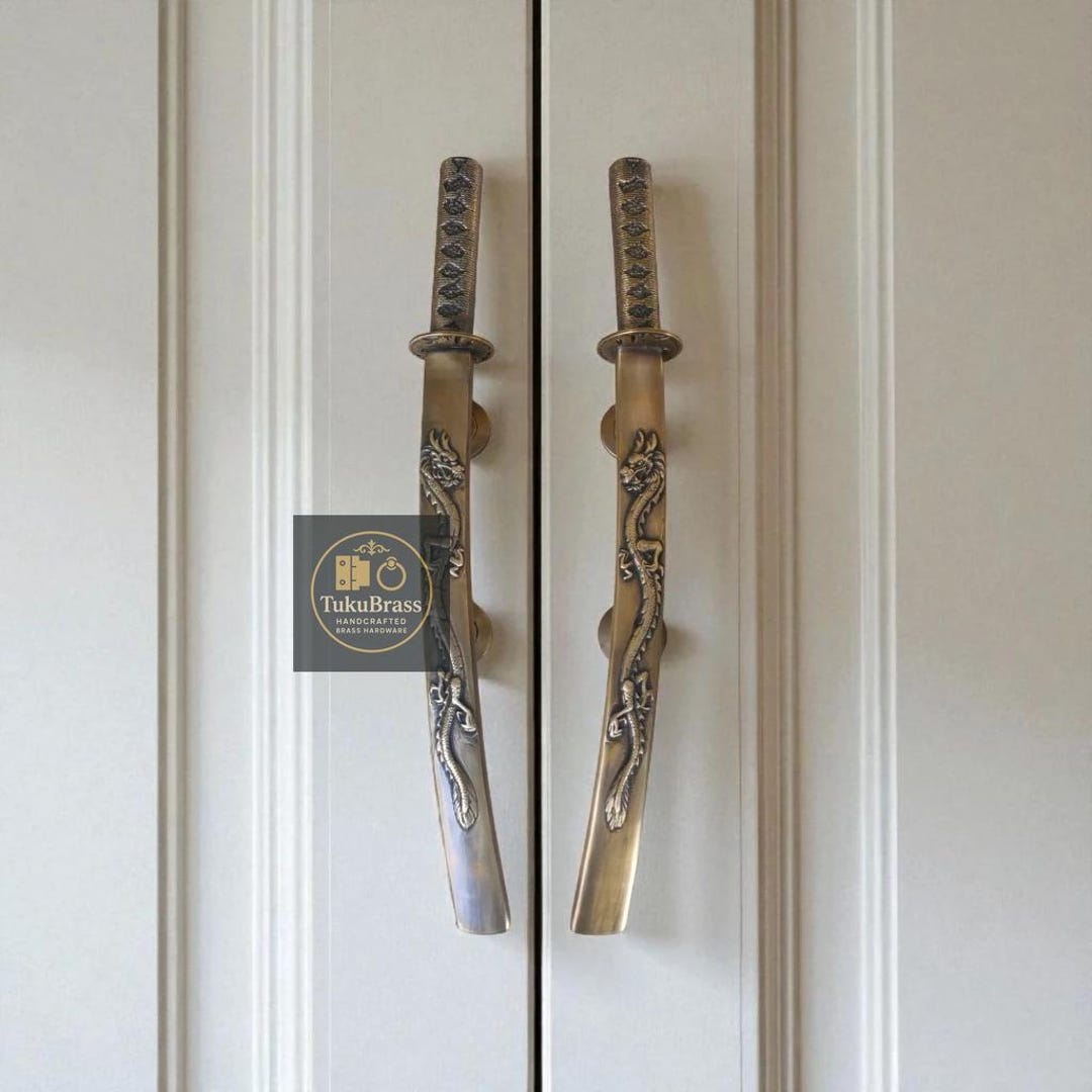 Pair of 50cm Samurai Sword Brass Door Handles With Dragon Carved Brass ...