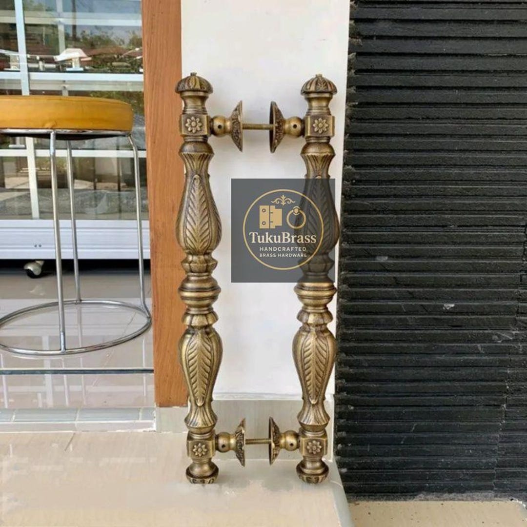 Pair of 21.65" Vintage Thatch Brass Door Pull Handles, Solid Brass ...