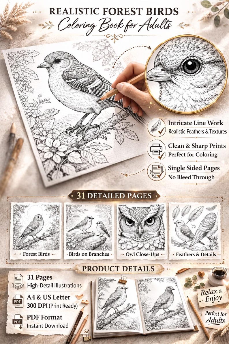 Realistic Woodland Birds Coloring Book for Adults – 31 Detailed ...