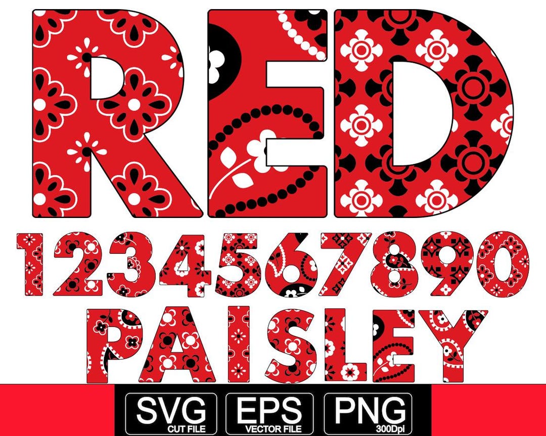 Red Bandana Font, Paisley Font Letters, Numbers, Clipart Alphabet (PNG ...