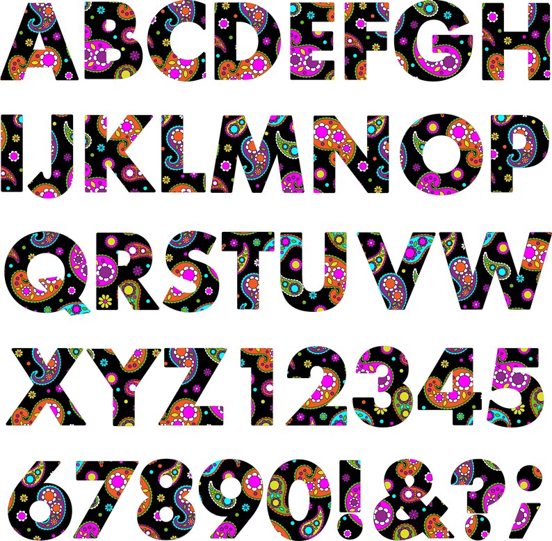 Neon Bandana Font, Paisley Font Letters, Numbers, Clipart Alphabet (PNG ...