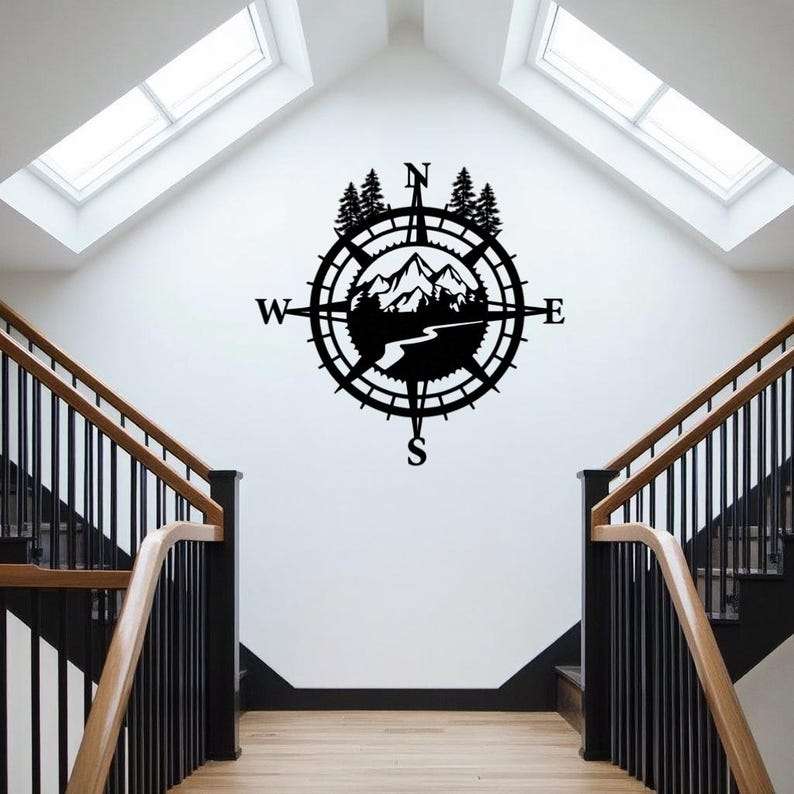 Metal Compass Wall Art, Mountain & Forest Silhouette Wall Decor for ...