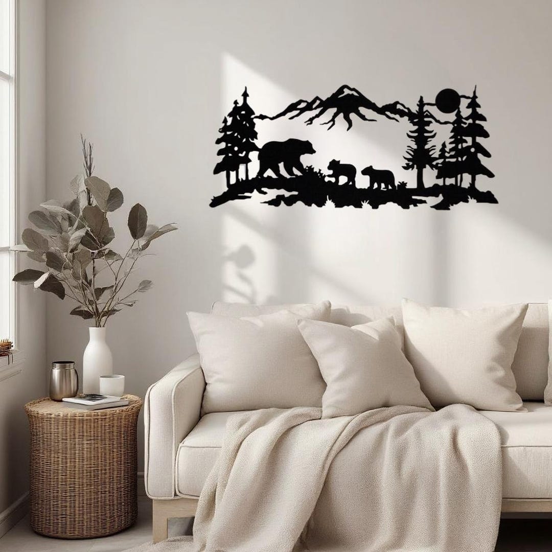 Metal Bear Wall Art, Rustic Mountain Forest Bear Family Silhouette ...