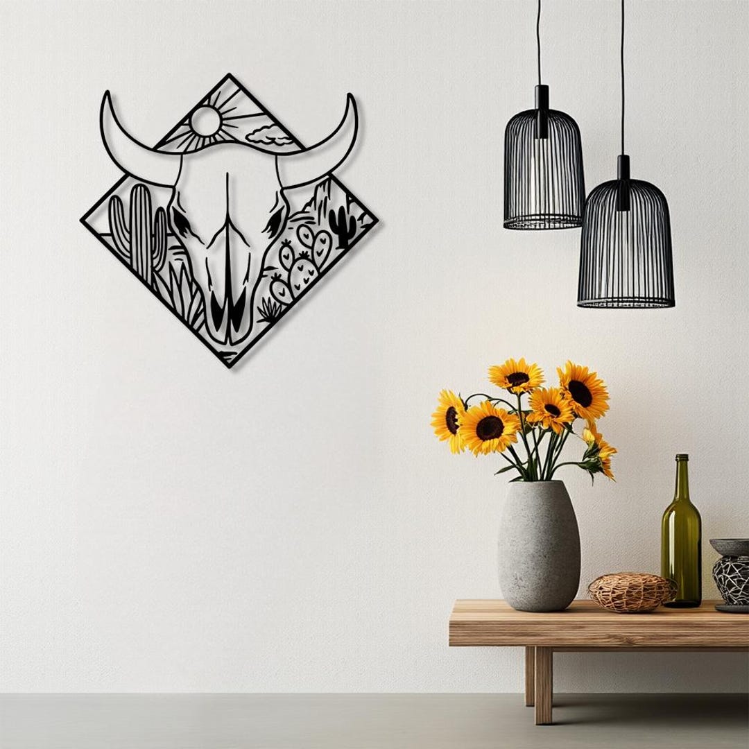 Longhorn Skull Metal Wall Art, Southwest Desert Line Art, Geometric ...