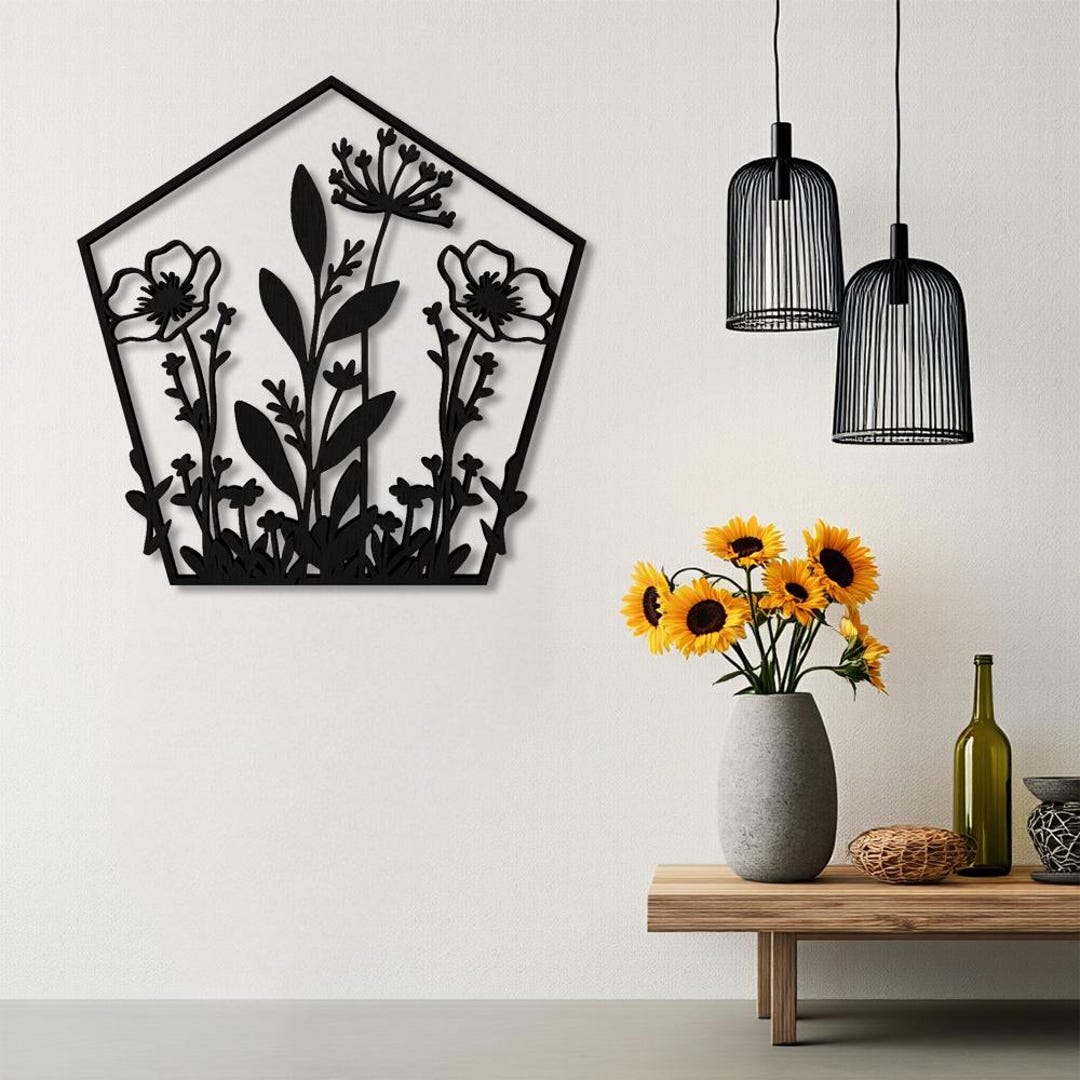Metal Flower Wall Art Pentagon Frame, Botanical Silhouette Nursery ...