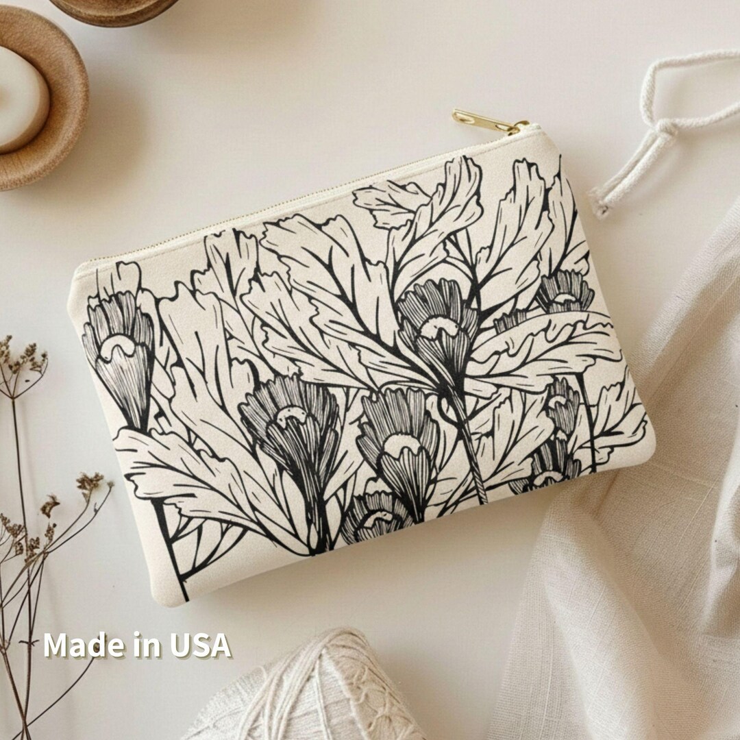 Black and White Botanical Makeup Bag, Leaves and Flowers Cottagecore ...
