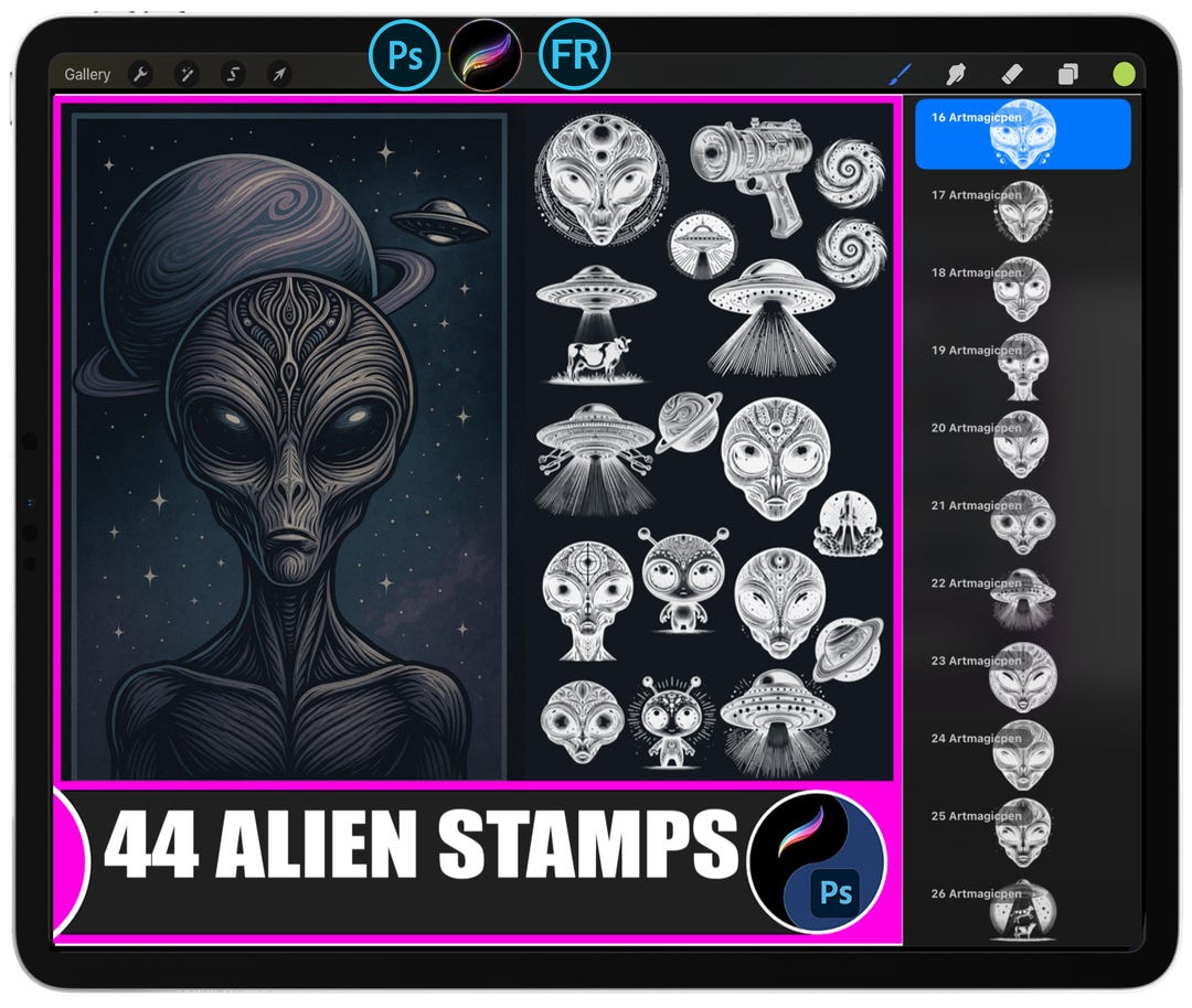 Alien UFO Stamp Brushes | Vintage Sci-fi Tattoo Art (procreate ...