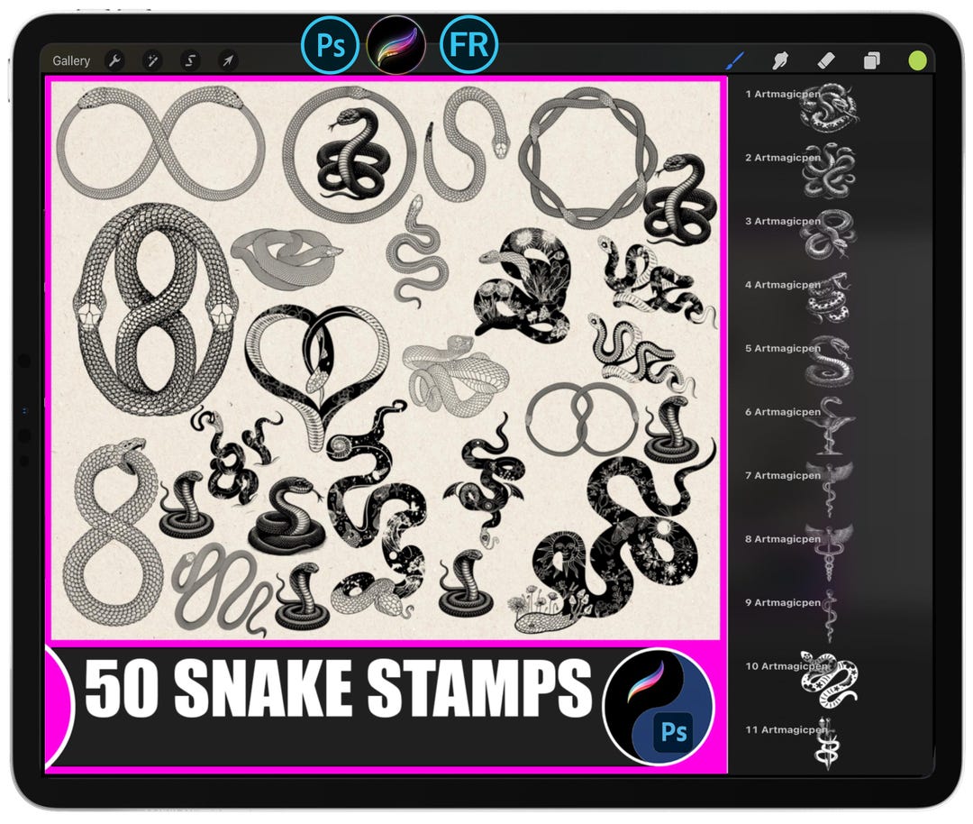50 Snake Stamps | Traditional Tattoo Procreate Brushes (abr/brushset ...