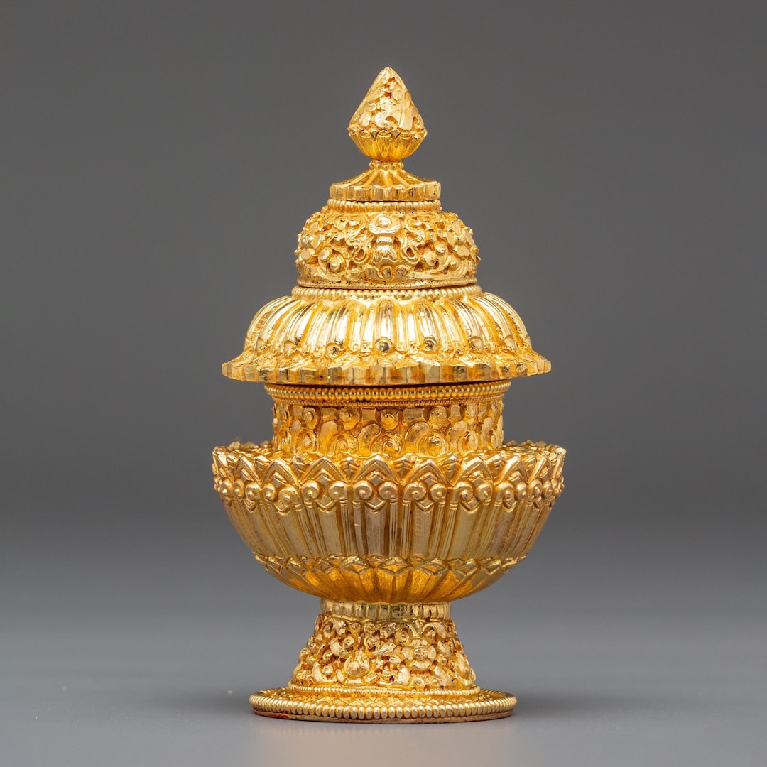 Ceremonial Rice Pot | Tibetan Buddhist Gold Plated Copper Offering ...