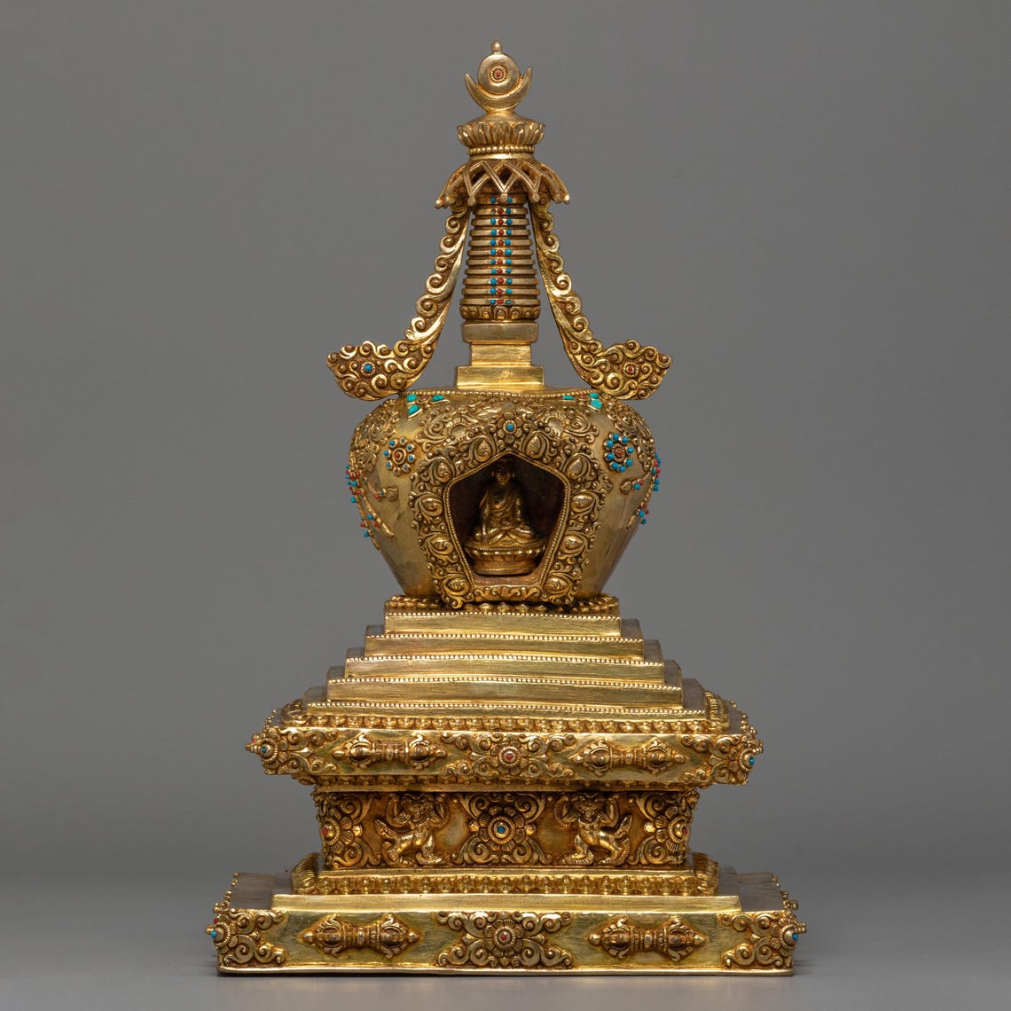 Sacred Tibetan Buddhist Stupa Reliquary | Gold Plated Copper Chorten ...