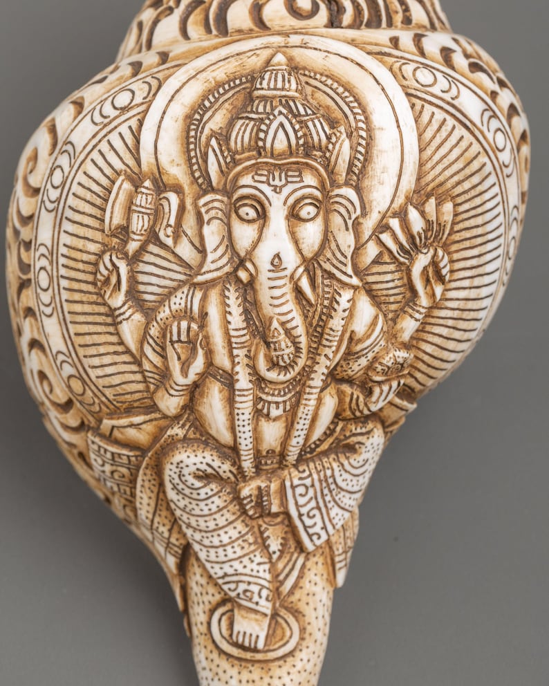 Ganesh Carved Conch Shell for Altar | Handcrafted Conch Shell Ritual ...