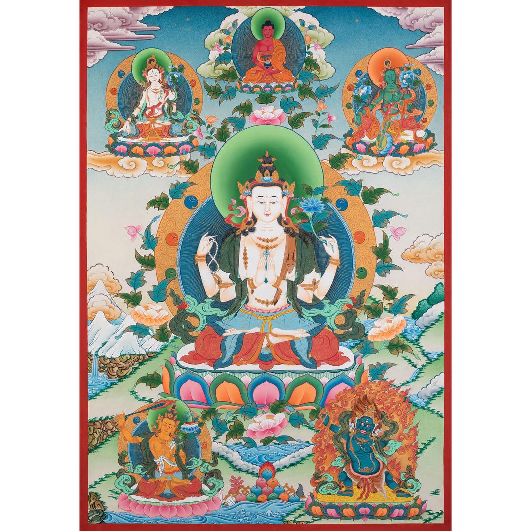 Chenrezig Thangka Print | Tibetan Buddhist Compassion Artwork ...