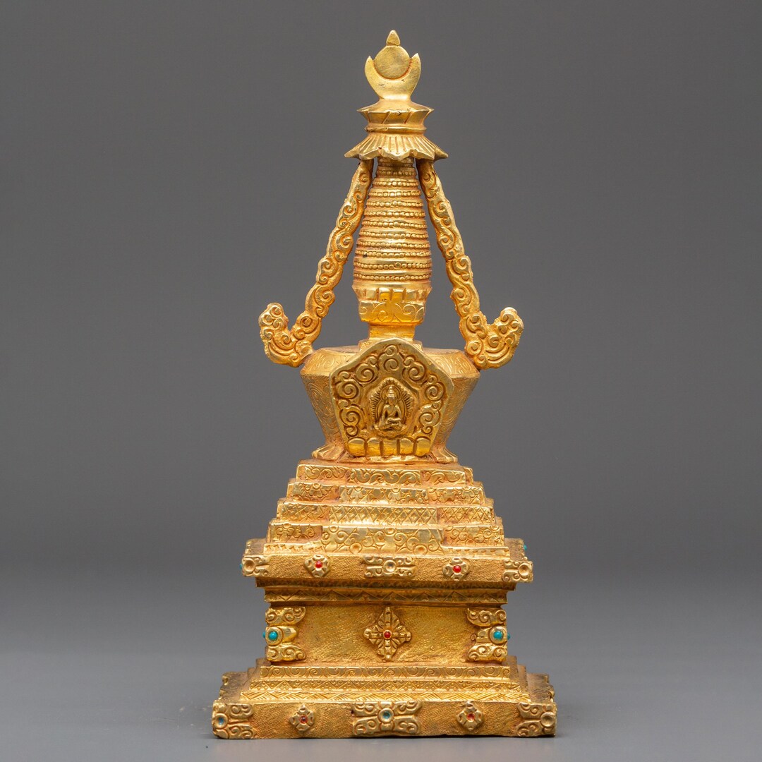 Handcrafted Spiritual Monument Stupa | Gold Plated Tibetan Altar Decor ...