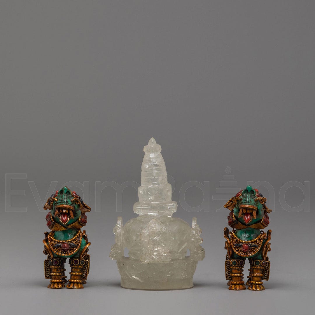 Stupa and Lion Set for Decor | Crystal Stupa With Electro Gold Plated ...