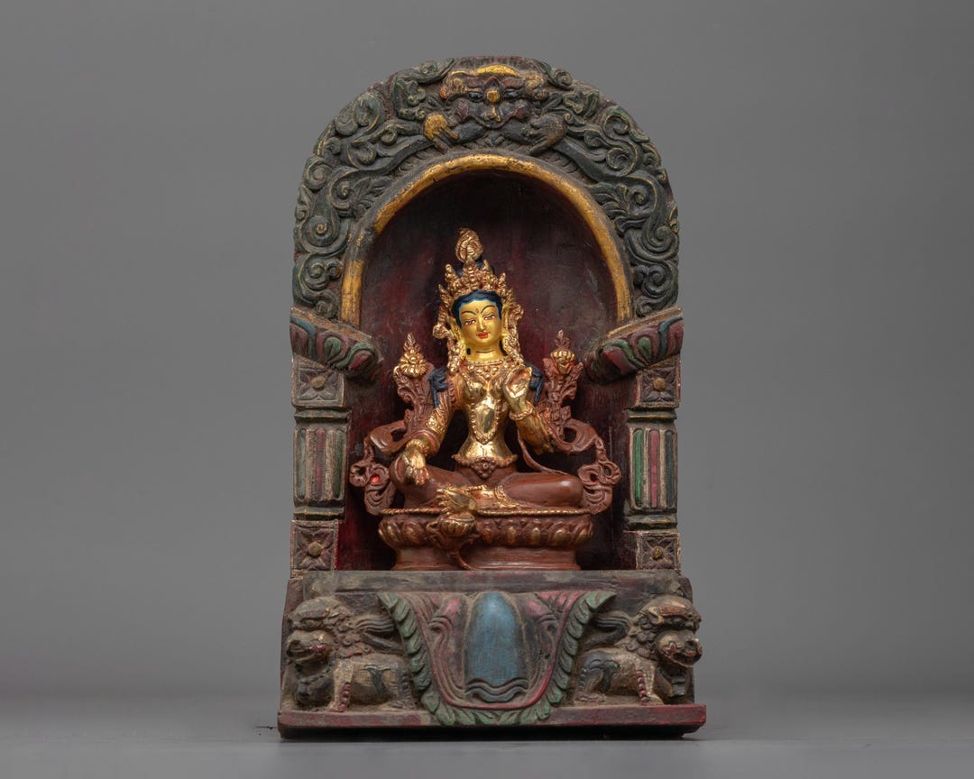 Sacred Green Tara Statue With Throne | 24K Gold Gilded Copper Body for ...