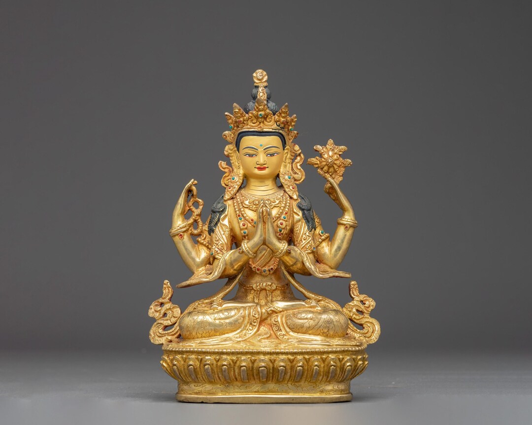 Handmade Copper Chenrezig Statue | 24K Gold Gilding With Gemstones ...