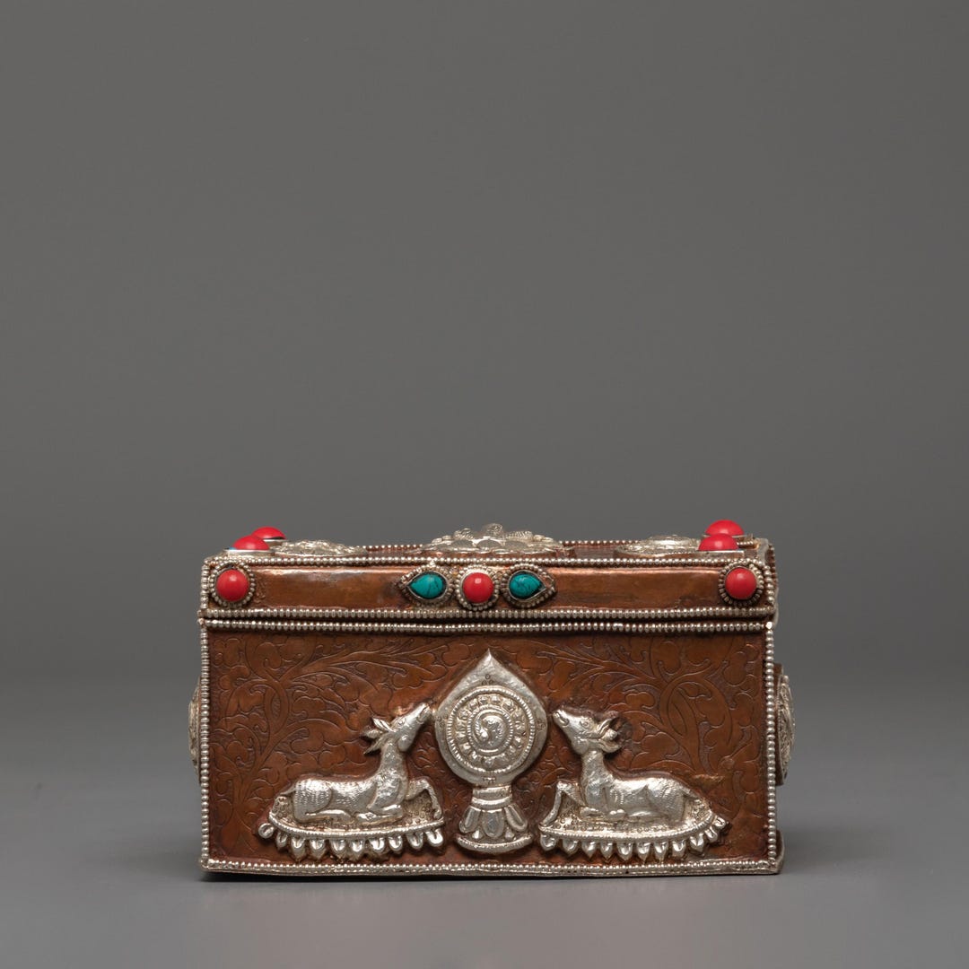 Tibetan Dharma Wheel Box | Oxidized Copper & Silver Plated Storage Box ...