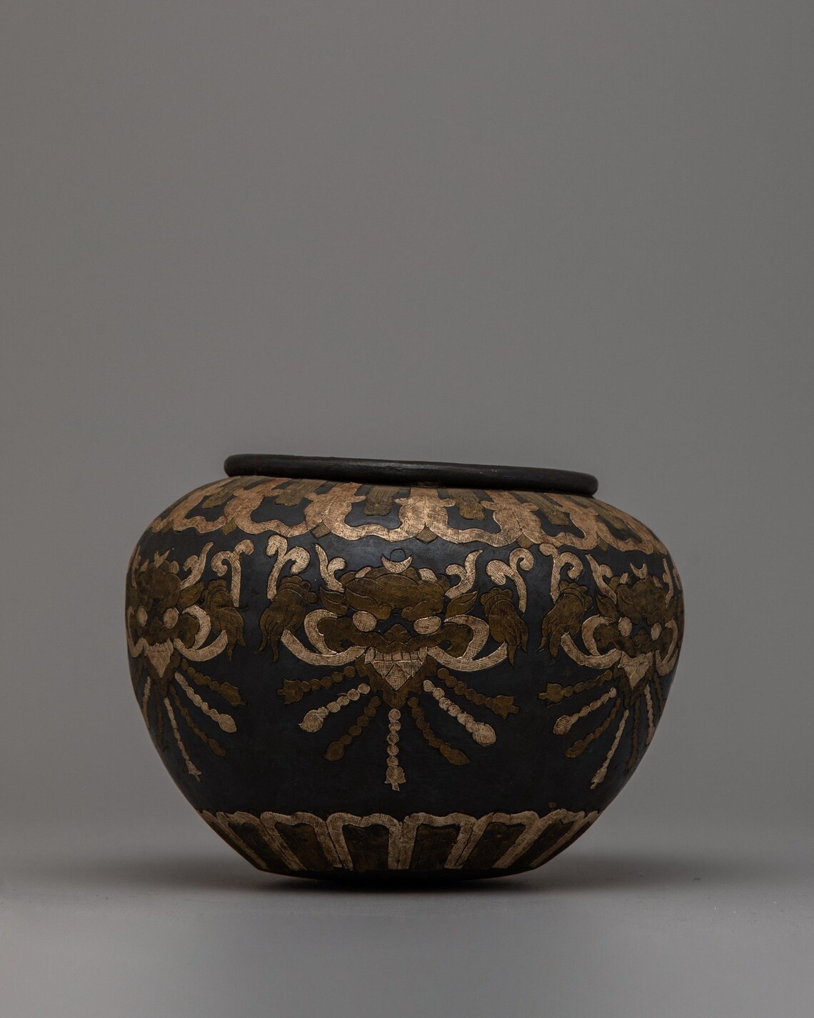 Tibetan Rice Offering Bowl | Silver Inlaid Iron Ritual Vessel for ...