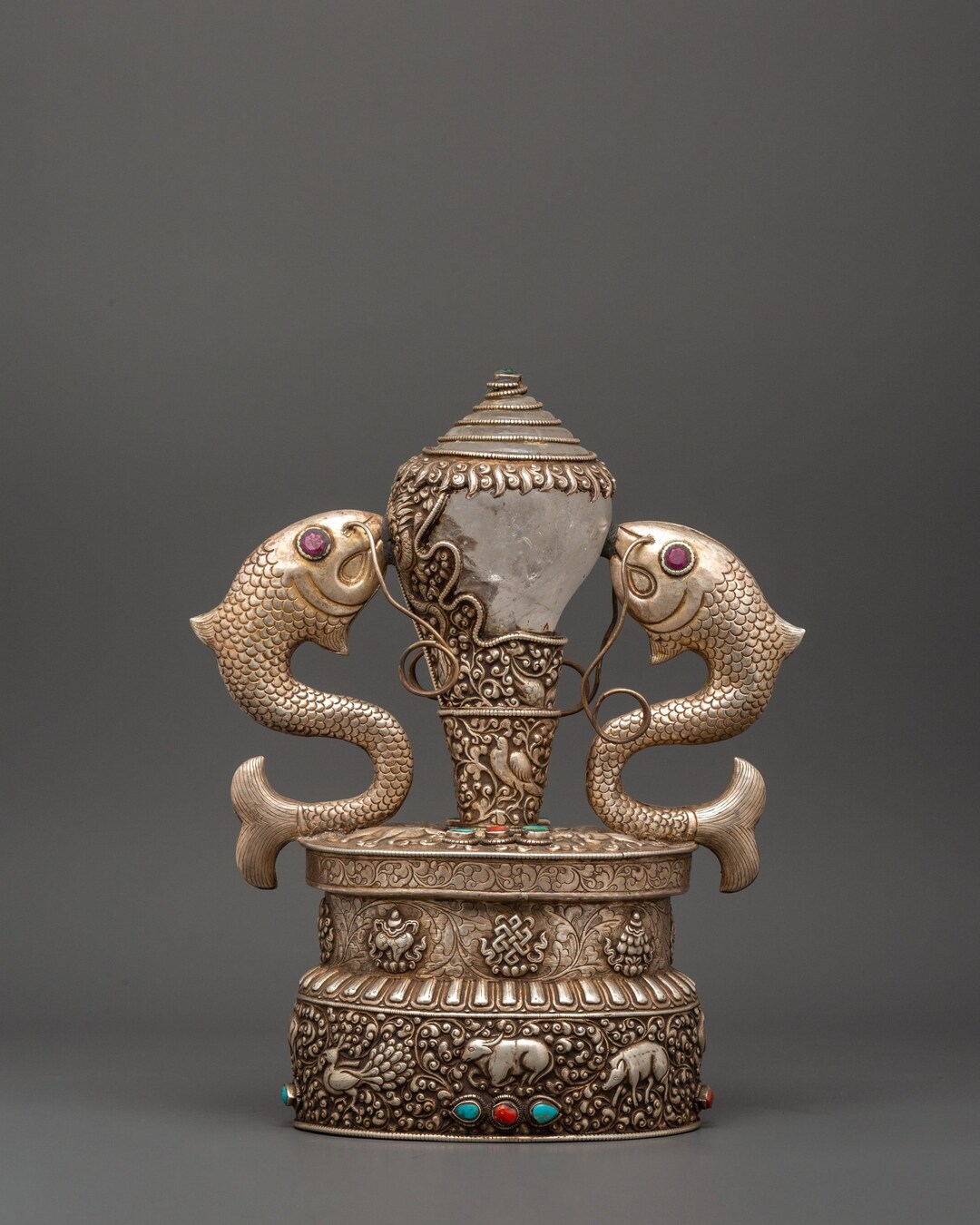 Conch With Auspicious Symbols | Handcrafted Silver & Crystal Tibetan ...