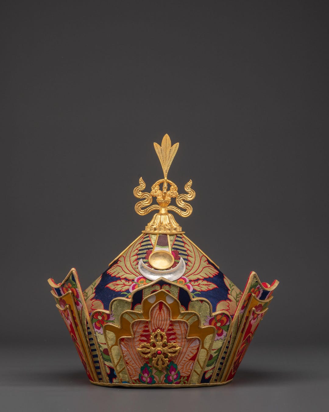 Handcrafted Tibetan Ritual Crown | Gold Plated Headpiece With Banarasi ...