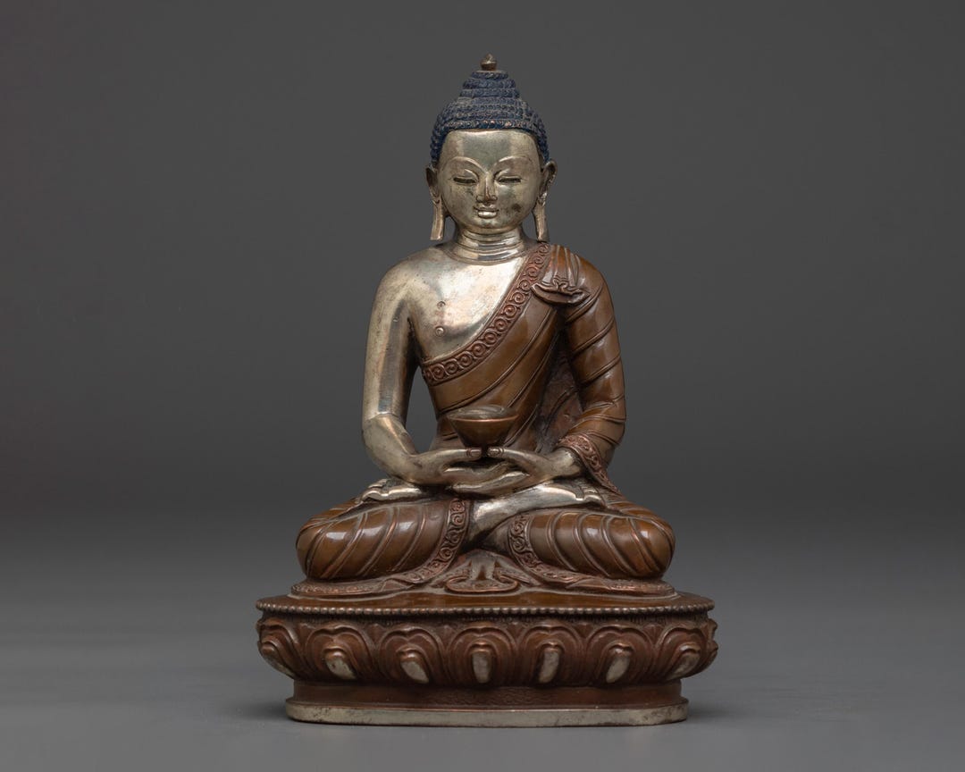 Peaceful Amitabha Buddha Copper Handmade Statue, Silver-plated Oxidized ...