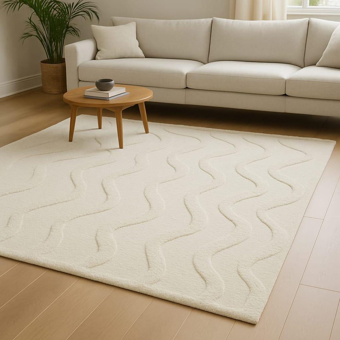 Modern Cream Textured Area Rug – Minimalist Wavy Pattern for Neutral ...