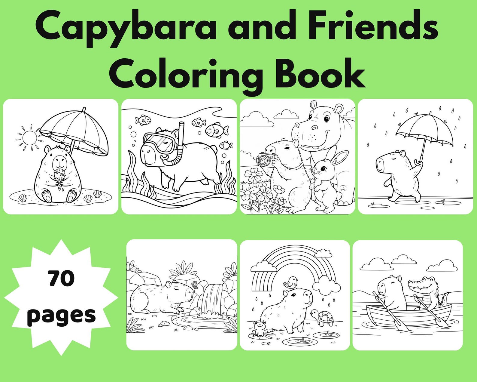 Capybara and Friends Coloring Pages: Easy Bold Designs, 70 Pages Cute ...