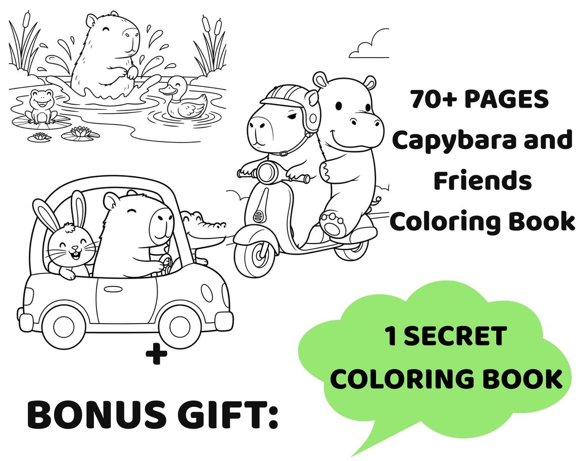 Capybara and Friends Coloring Pages: Easy Bold Designs, 70 Pages Cute ...