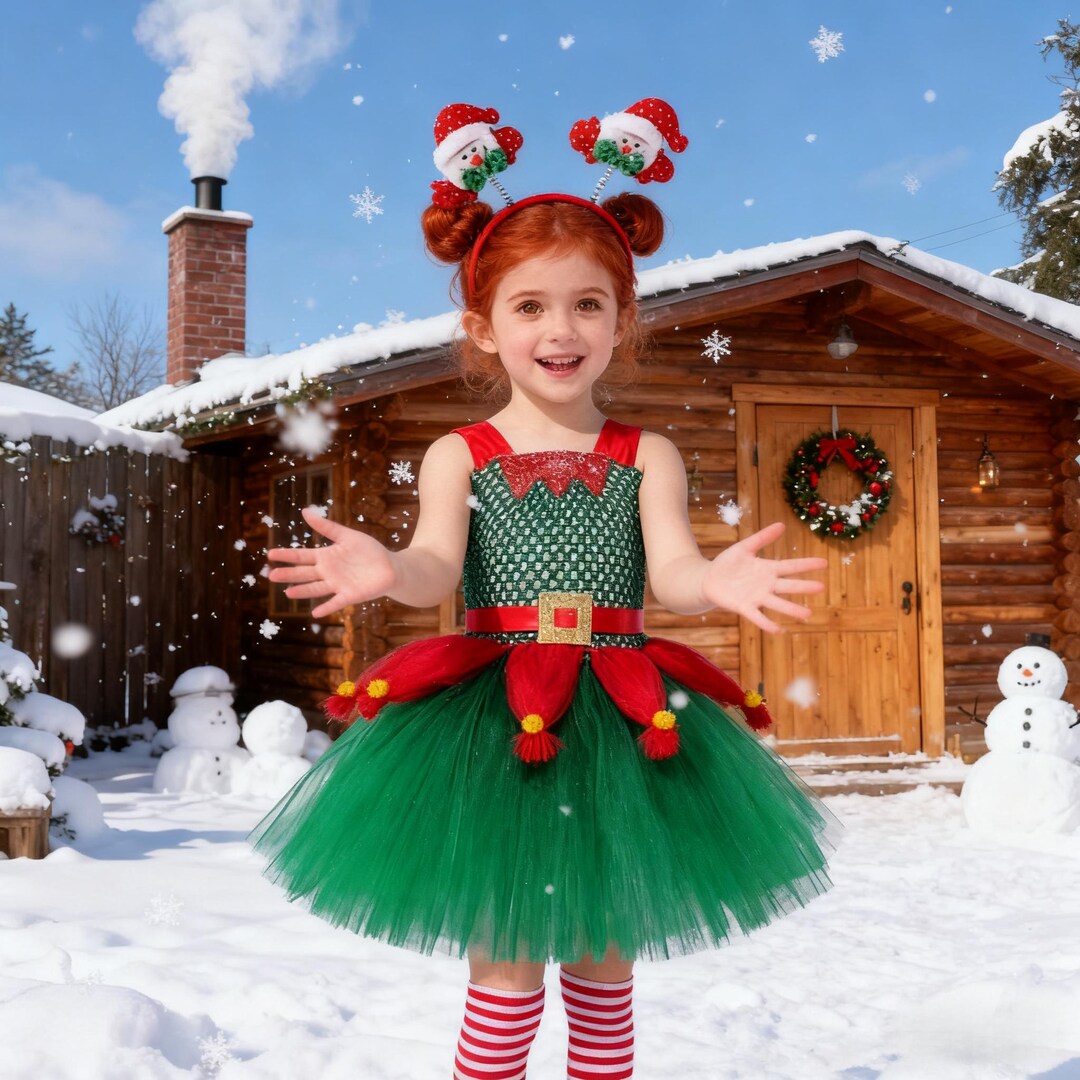 Girl's Christmas Elf Tutu Dress Set With Headband & Striped Leggings - Etsy