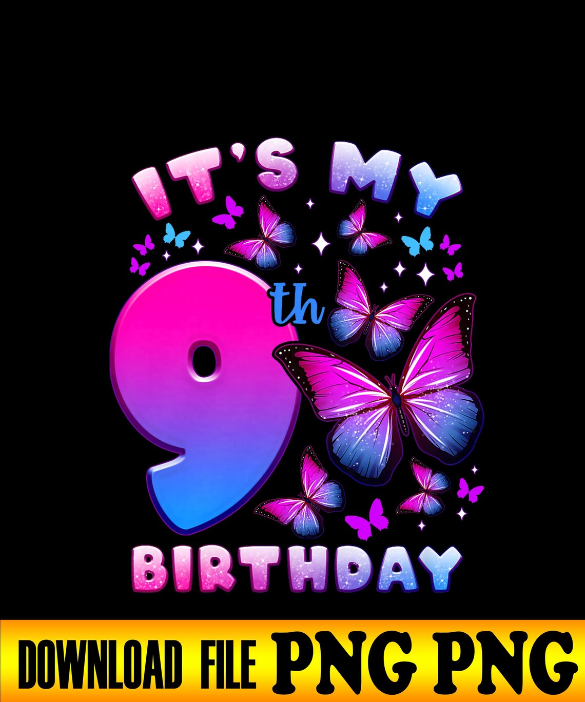 It's My 9th Birthday PNG, Butterfly Tie Dye Girl, Pastel Watercolor ...