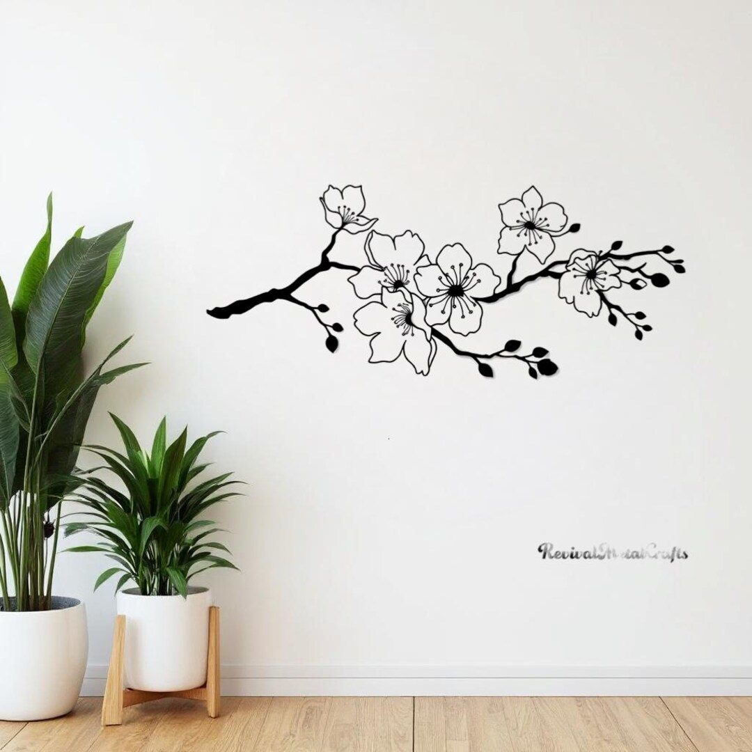 Metal Cherry Blossom Branch Wall Art, Minimalist Black Iron Floral ...