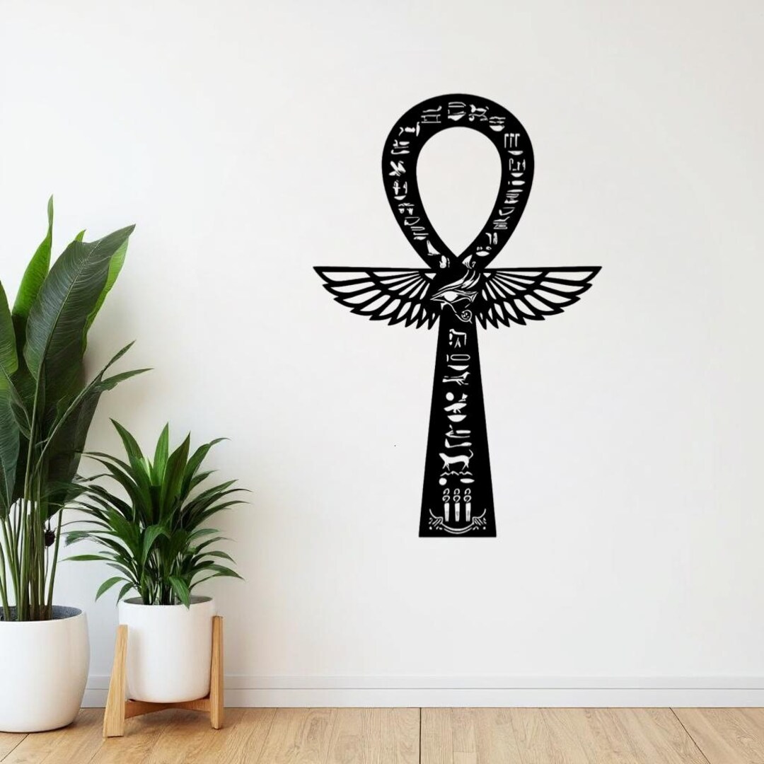 Egyptian Ankh Wall Art Metal Decor, Black Hieroglyphic Ankh With Wings ...