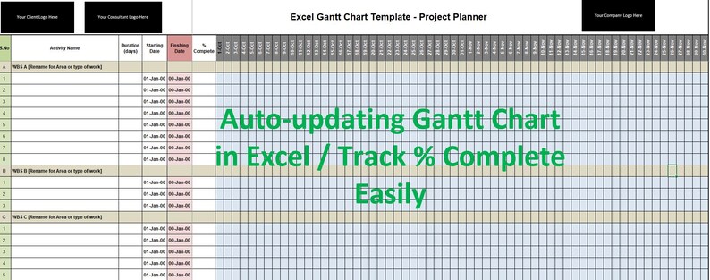 Excel Gantt Chart Template | Project Planner | Automatic % Complete ...
