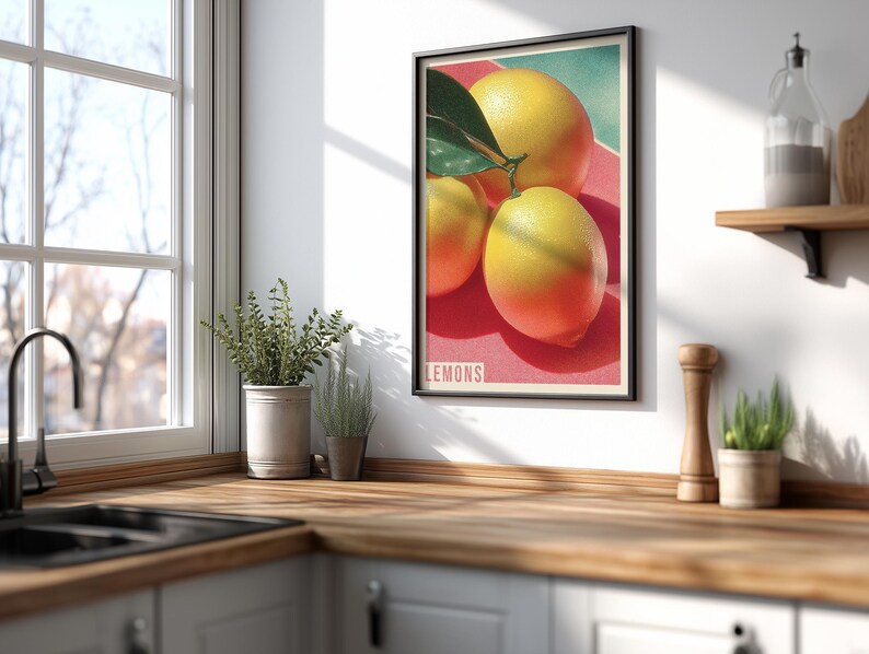 Vintage Kitchen Print Lemon Poster, Retro Fruit Wall Art, Mediterranean ...