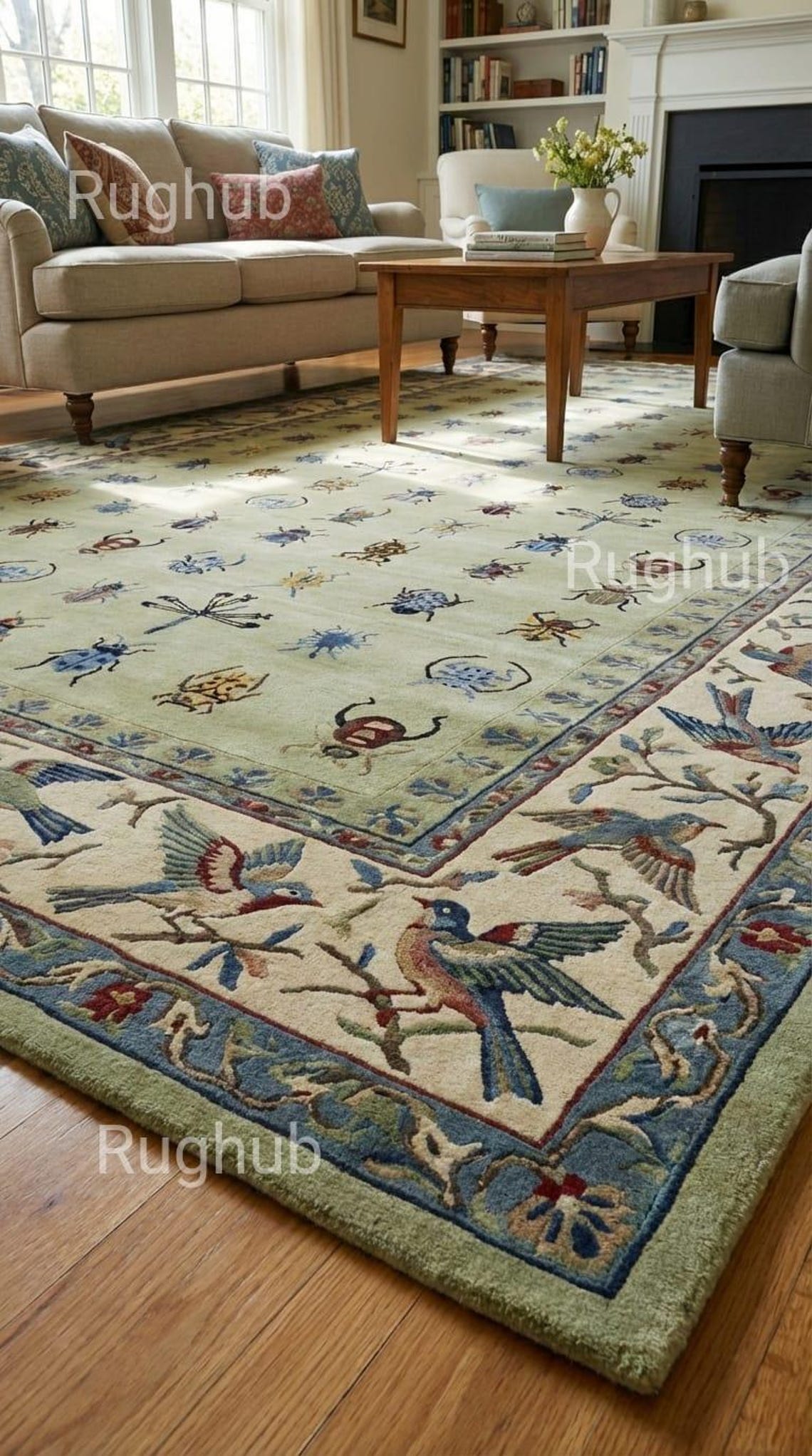 Hand-tufted Nature-inspired Area Rug | Bird & Insect Wool Carpet ...