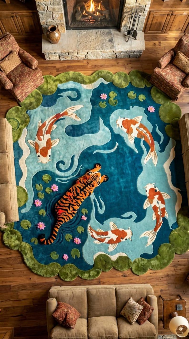 Tiger Koi Pond Area Rug – 3D Tufted Wildlife Carpet, Japanese Style ...