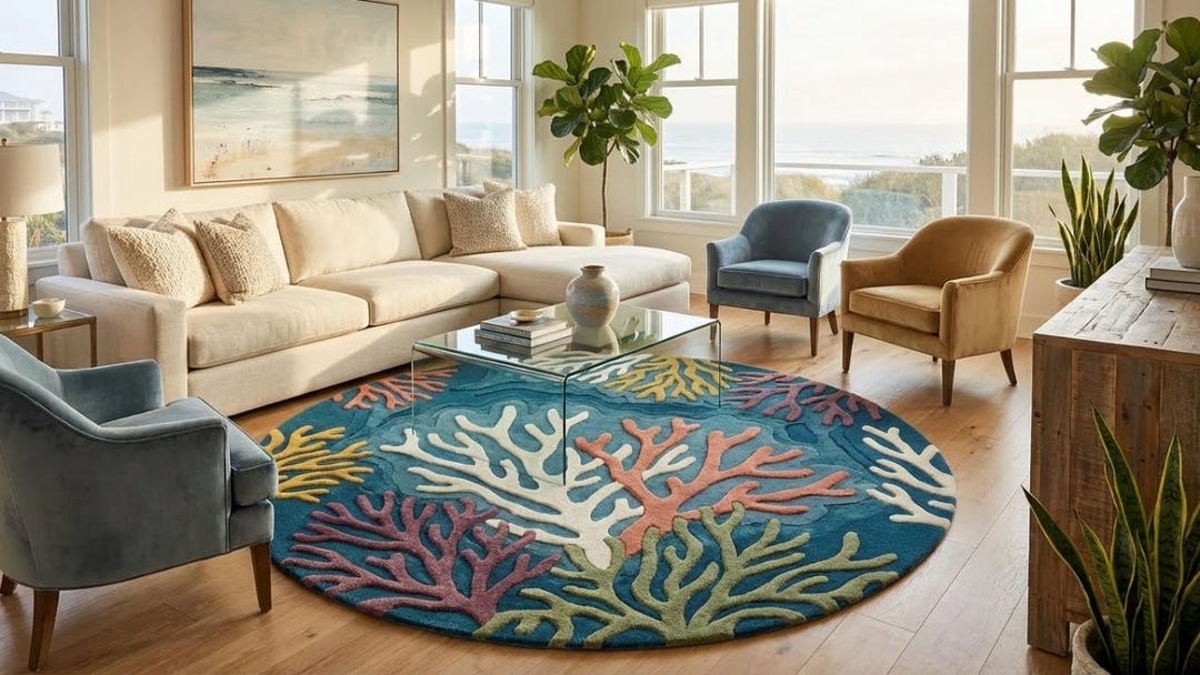 Round Ocean Coral Area Rug – Hand-tufted Wool Coastal Blue Sea Life Rug ...