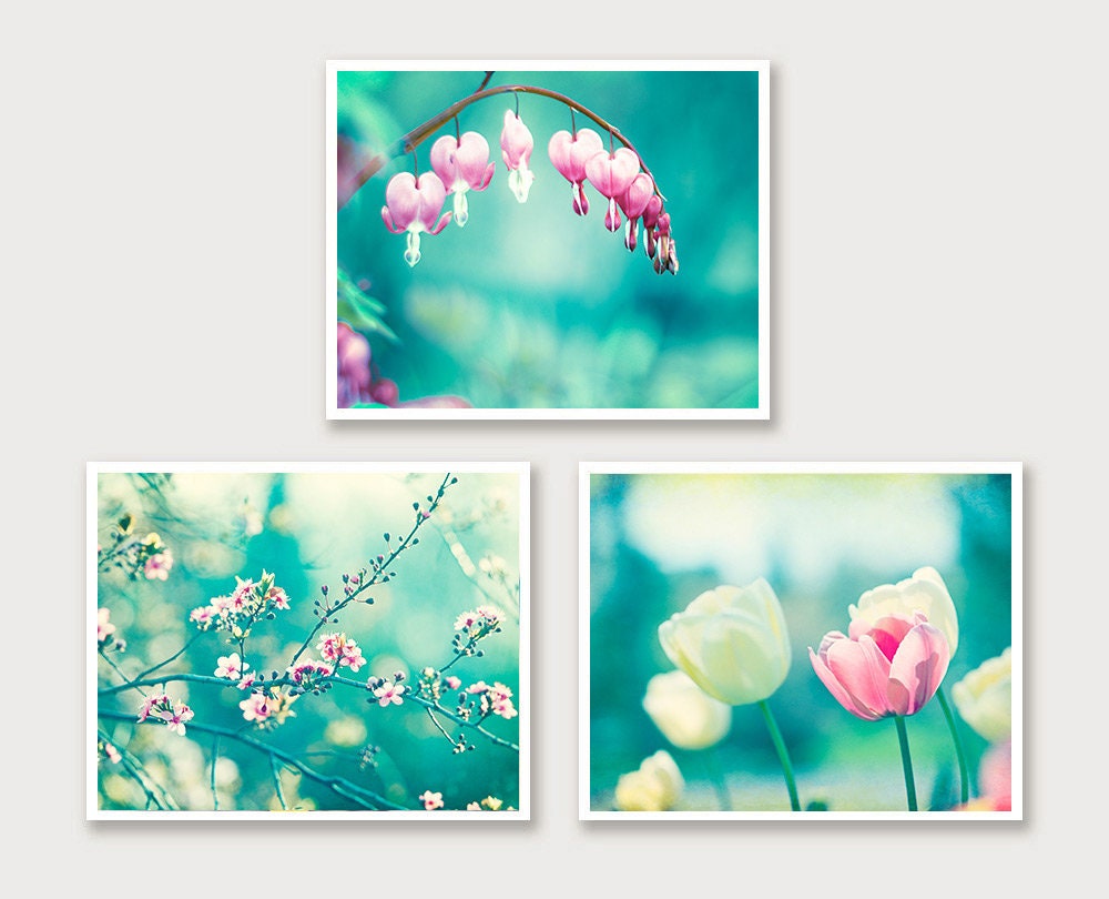 Aqua Pink Flower Print Set teal blue turquoise photos nursery | Etsy